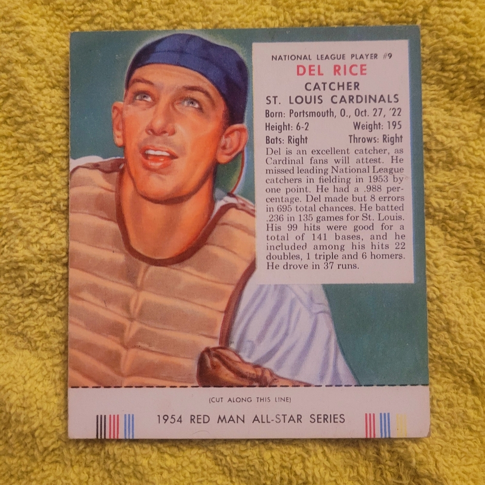 Del Rice 1954 Red Man All-Star Series Vintage Card - Gem